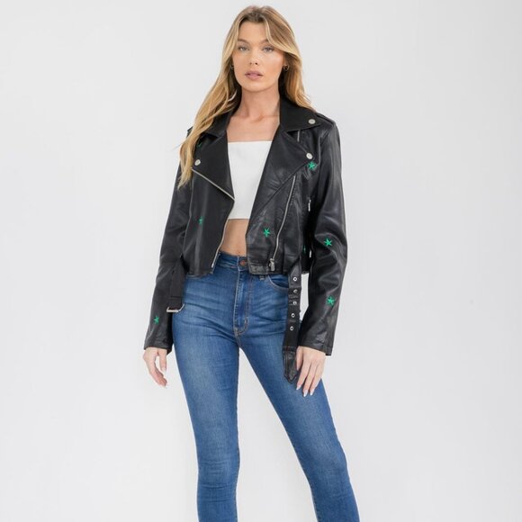 Akaiv | Jackets & Coats | Nwt Faux Leather Jacket With Green Stars ...